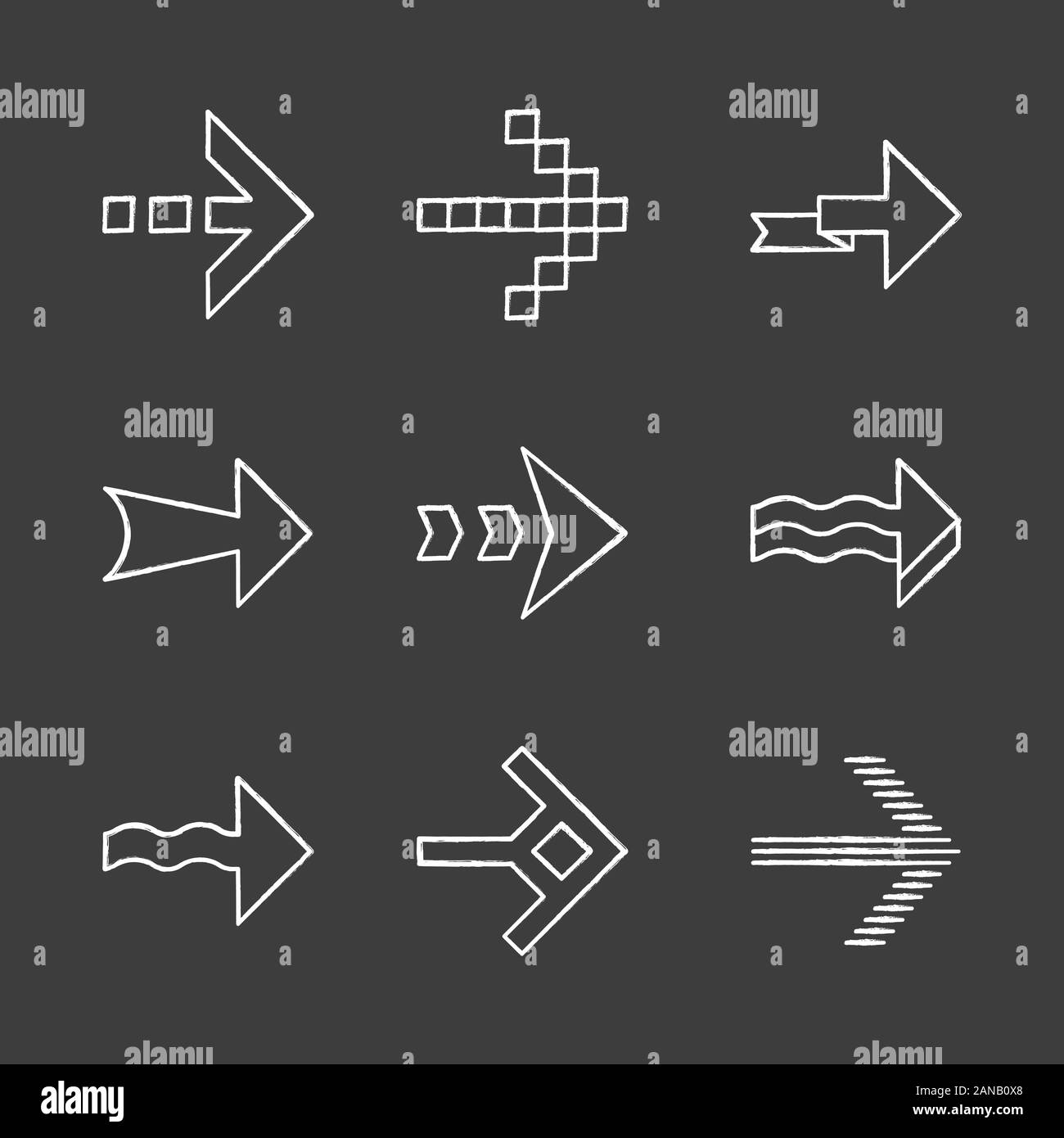 Arrows chalk icons set. Wavy, pixel, folding, striped, dashed next ...