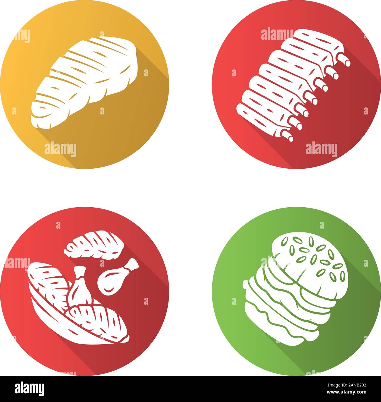 Meat dishes flat design long shadow glyph icons set. Steak, beef ribs ...