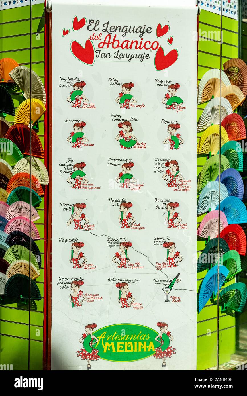The language of fans. A poster in the Artesanías Medina shop in Calle ...