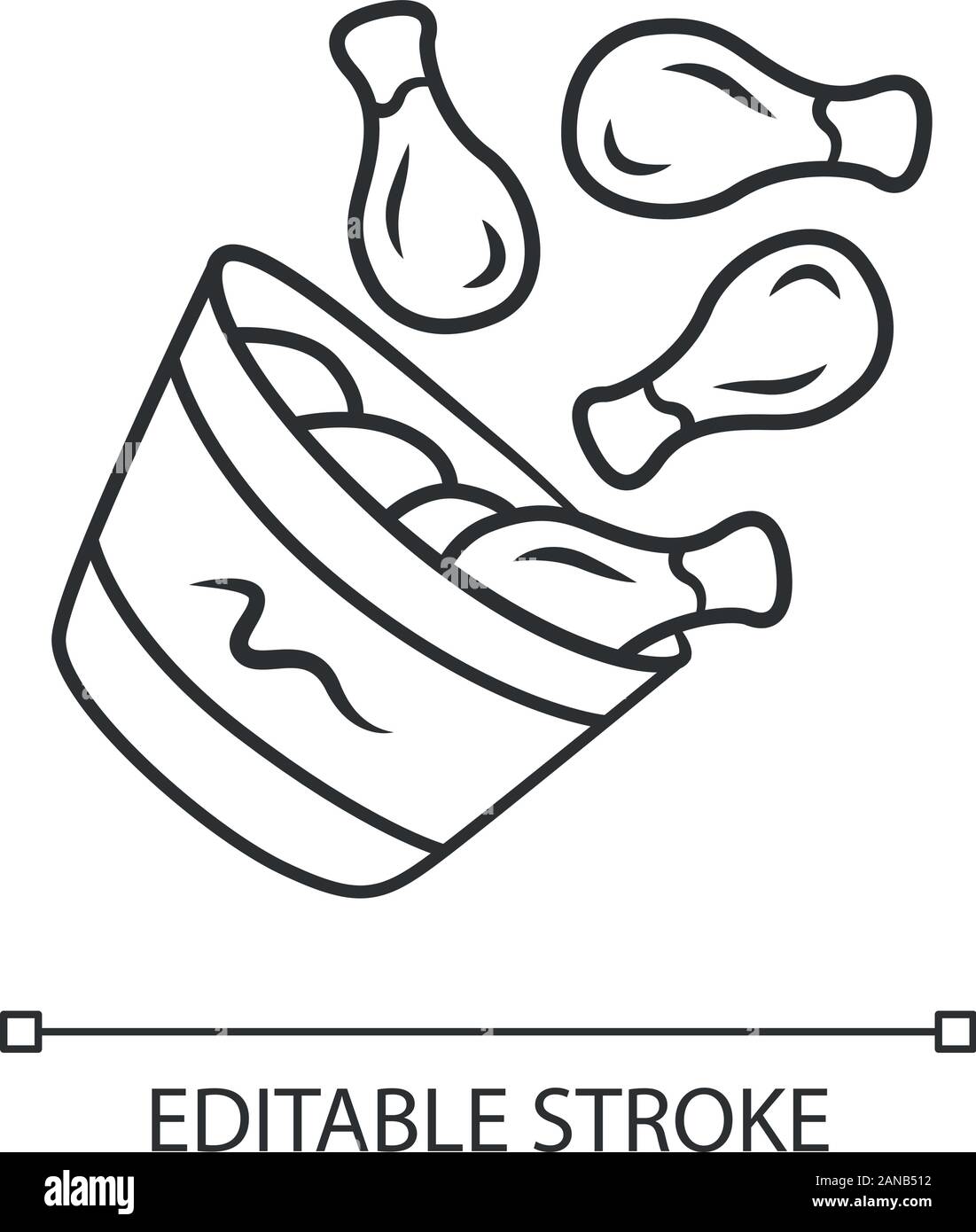 Chicken bucket linear icon. BBQ chicken drumsticks, legs. Unhealthy ...