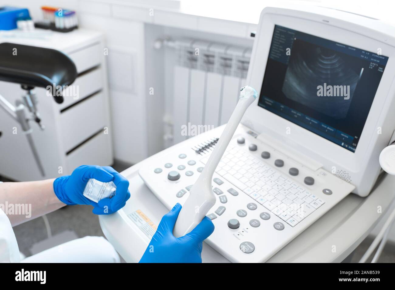 gynecologist doctor prepares an ultrasound machine for the diagnosis of ...