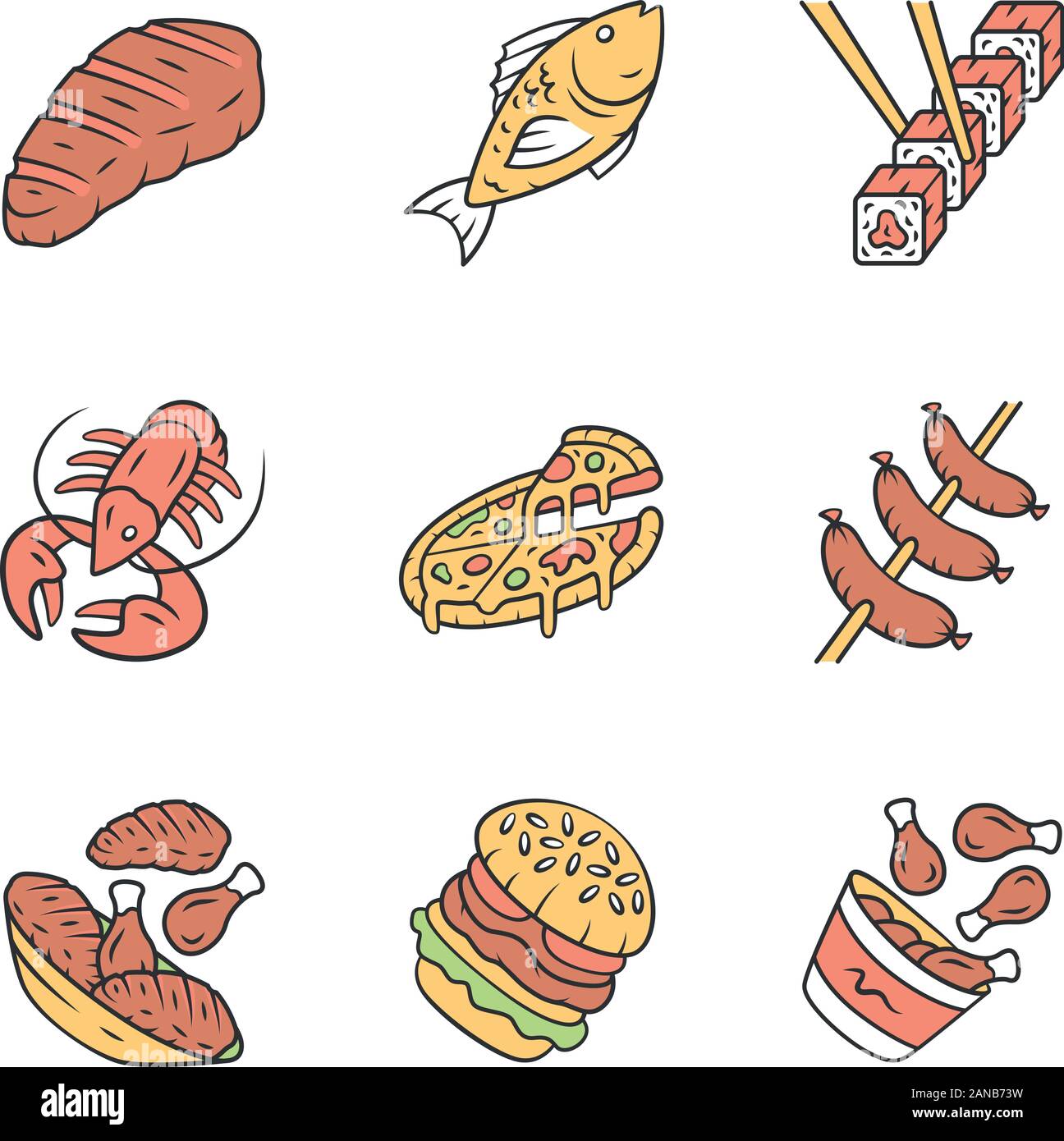 Restaurant menu color icons set. Fast food, italian and mediterranean ...