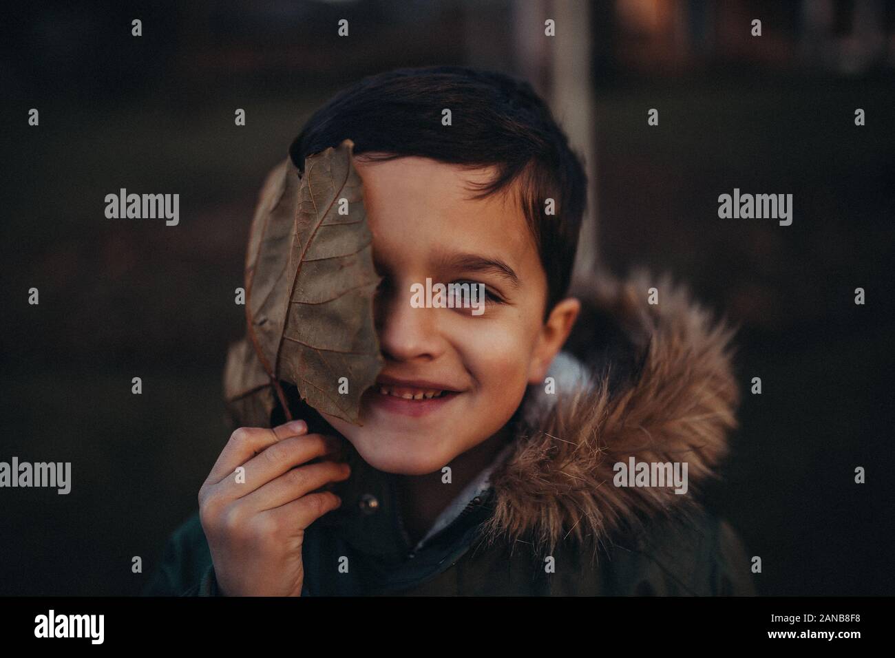 Little boy with leaf in the Fall Stock Photo - Alamy