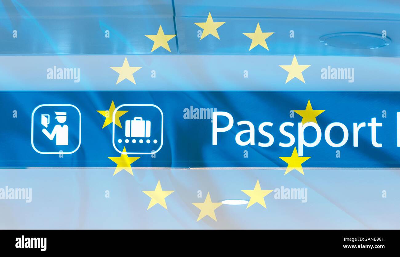 Passport Control Sign at Airport, Border, EU Border, EU Flag as ...
