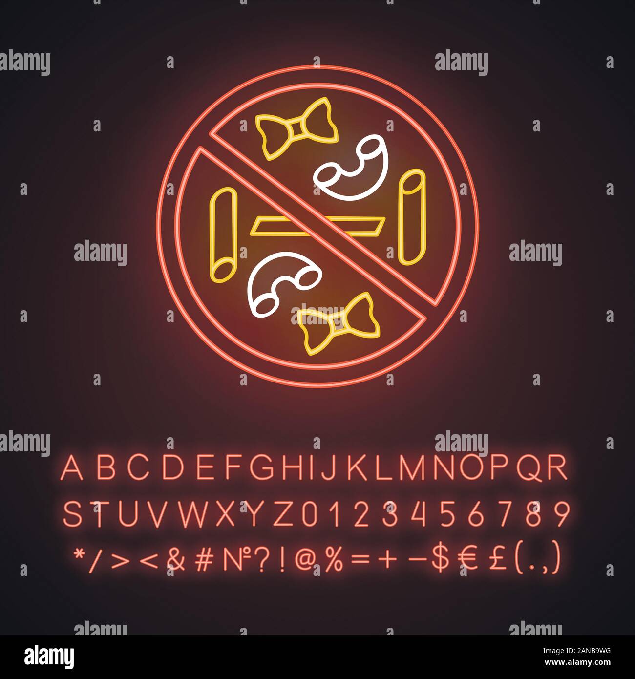 No pasta eating neon light icon. Carbs and gluten free label. Glowing ...