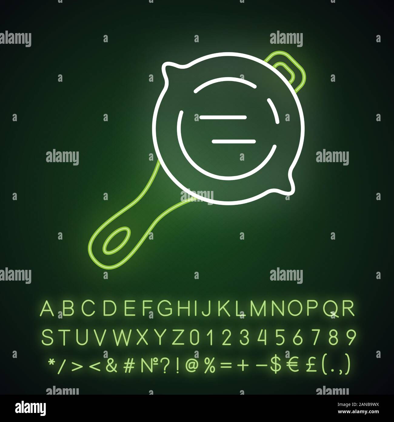 Frying pan neon light icon. Virtual game kitchenware. Food preparation ...