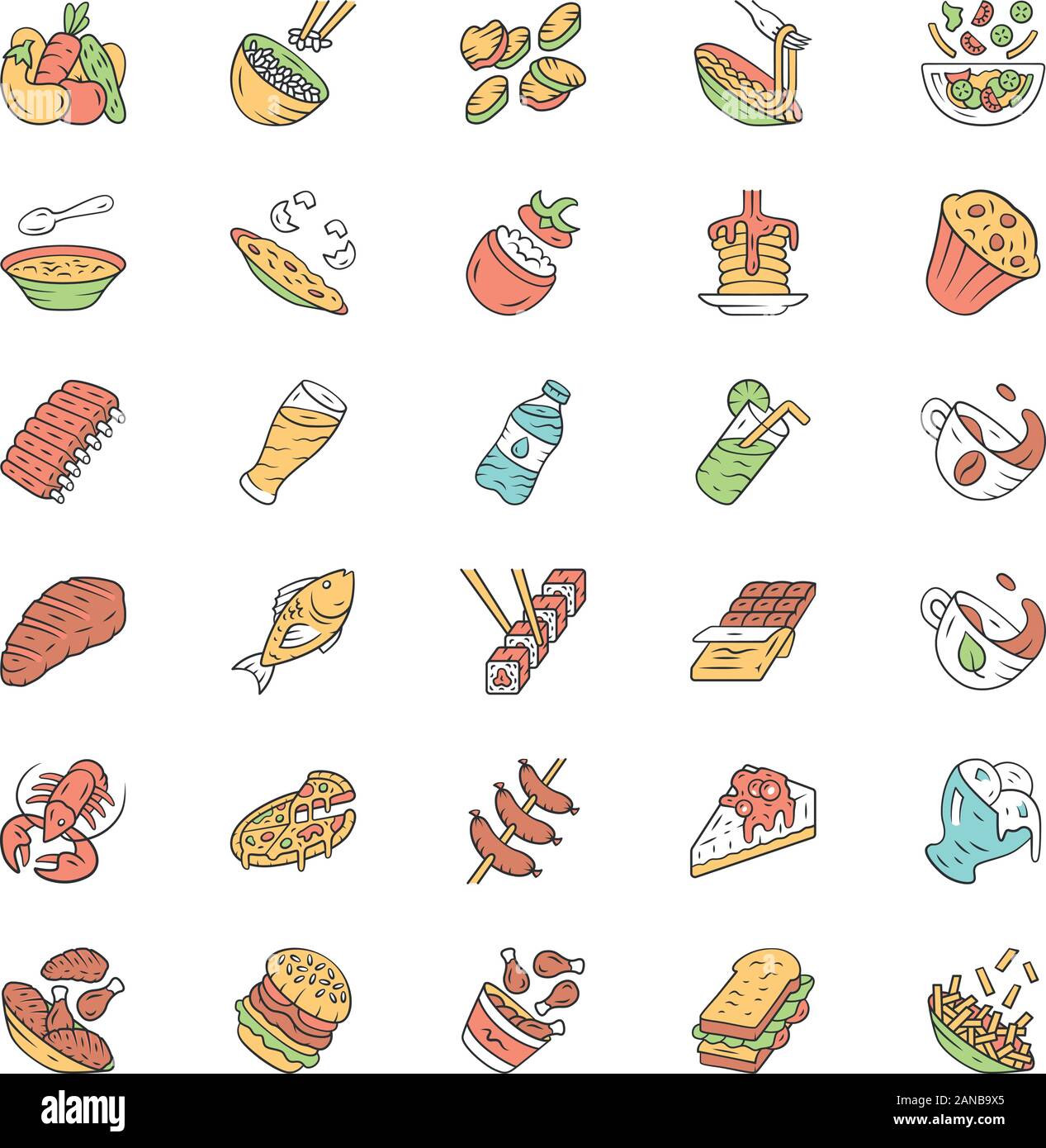Menu dishes color icons set. Salads, first meal, main dishes. Burgers ...