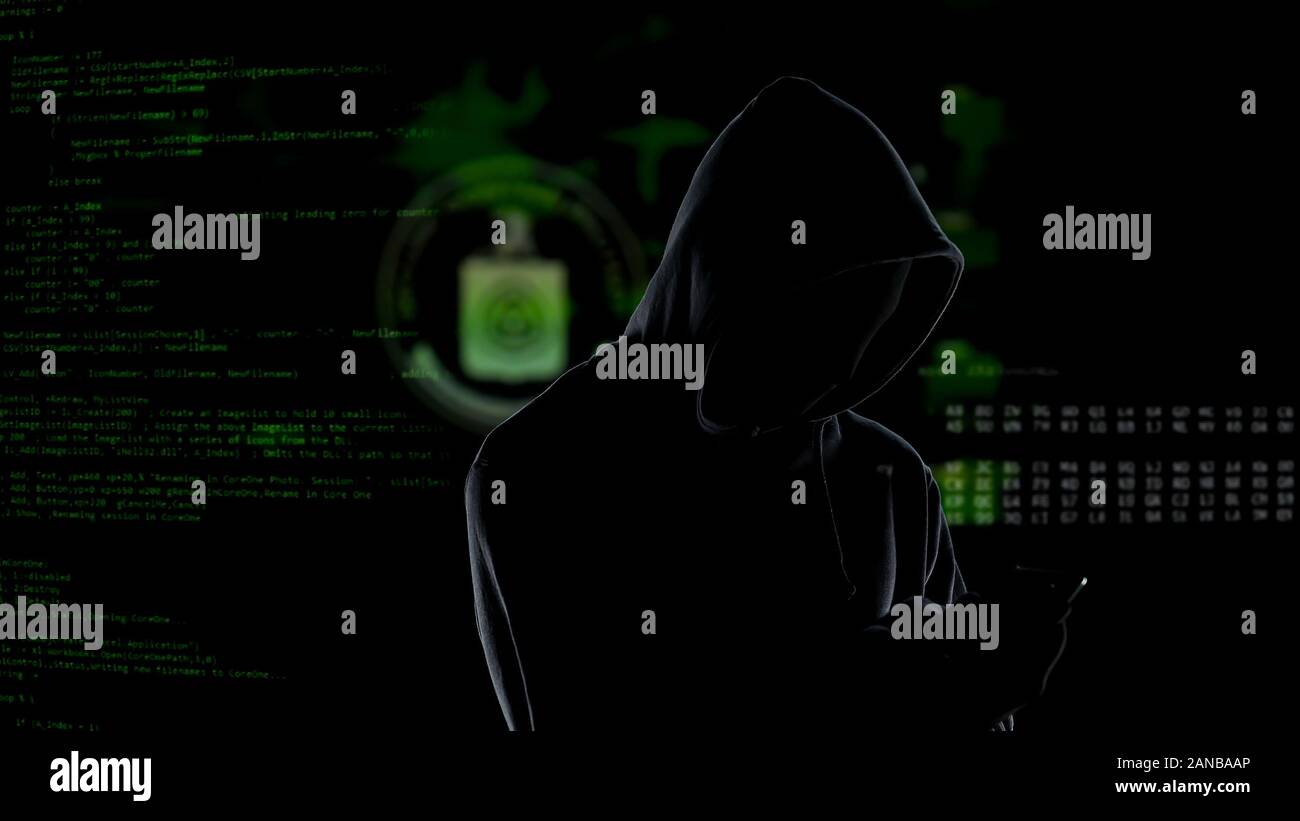 Faceless unrecognizable hooded hacker using smartphone to steal data ...