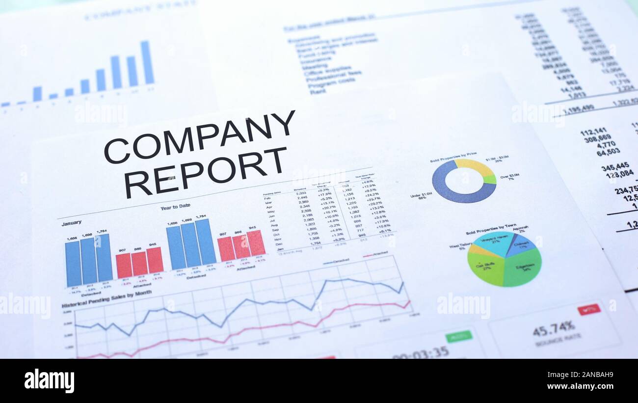 Company report lying on table, graphs charts and diagrams, official ...