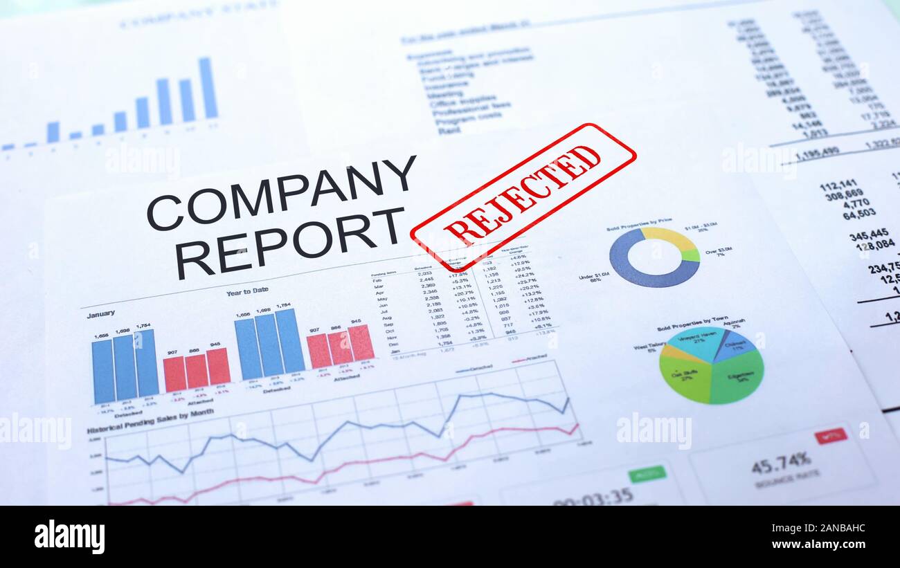 Company report rejected, seal stamped on official document, business ...