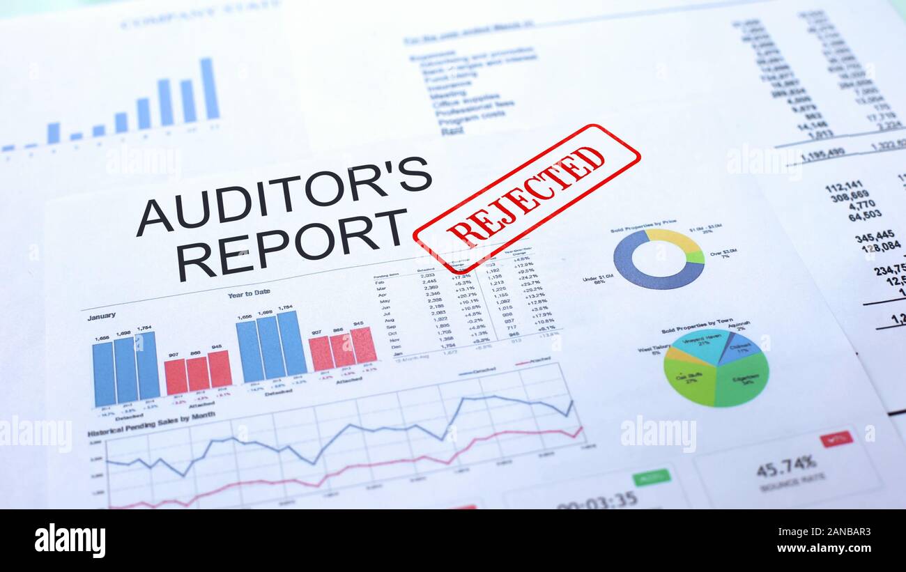 Auditors report rejected, seal stamped on official document, business ...