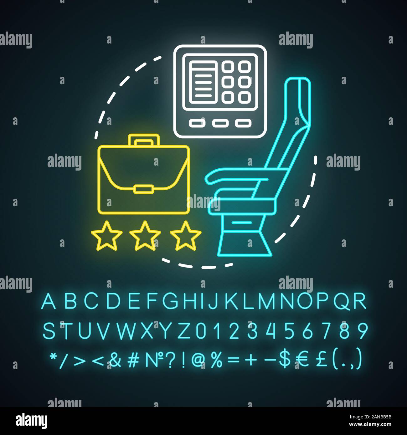 Business class neon light icon. Passenger seat in airplane. Airplane ...