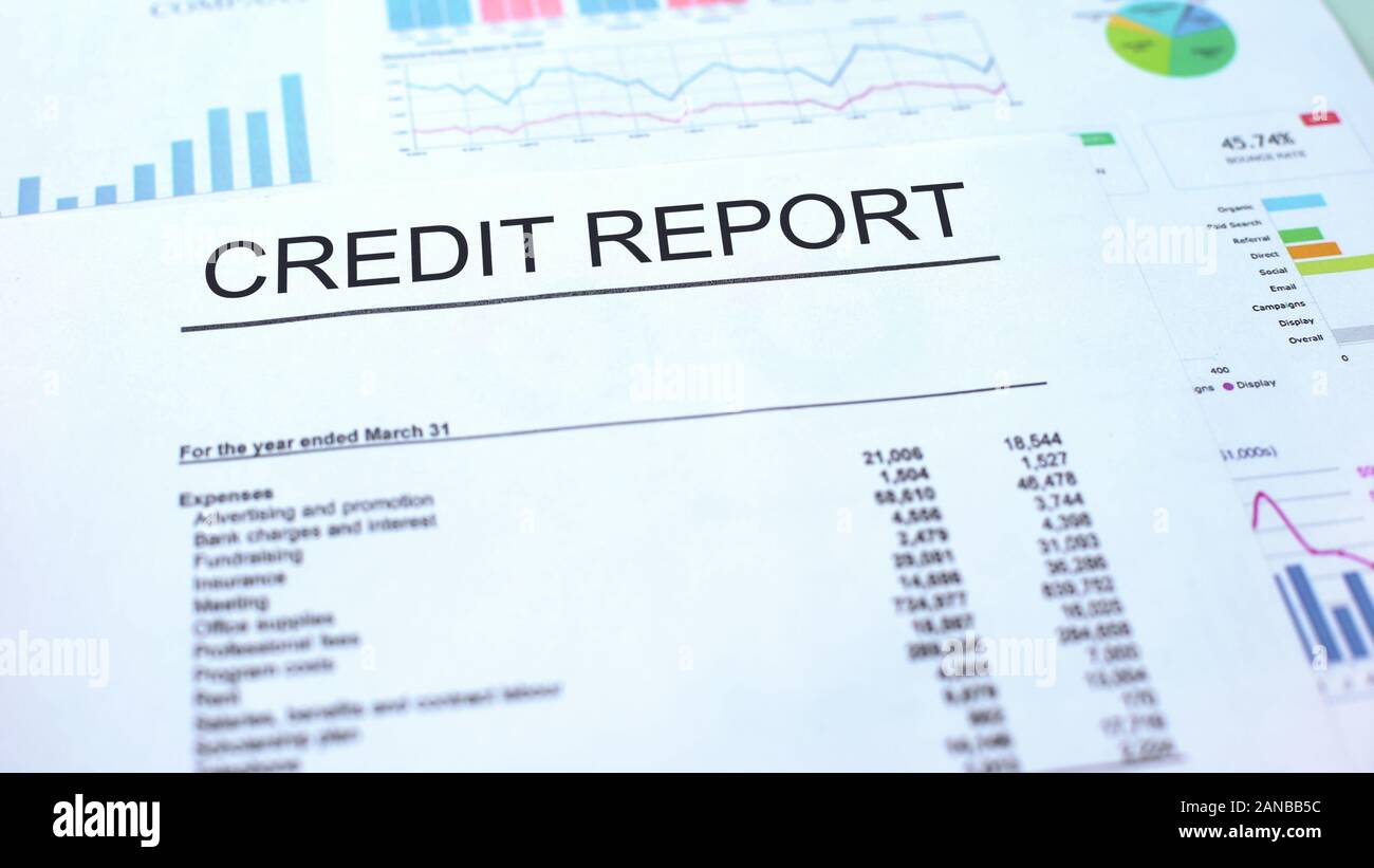 Credit report lying on table, graphs charts and diagrams, official ...