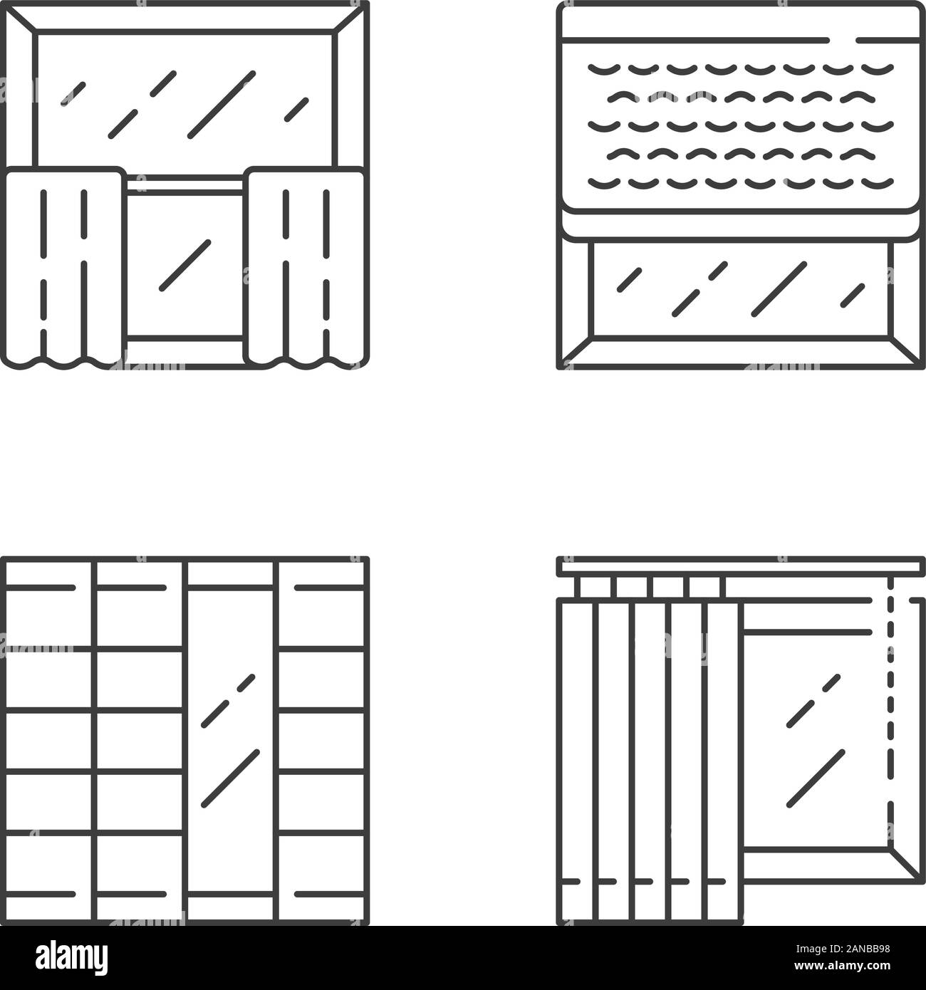 Window decoration linear icons set. Curtains, vertical blinds, woven ...