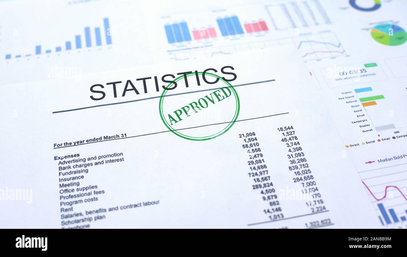 Statistics approved, seal stamped on official document, business ...