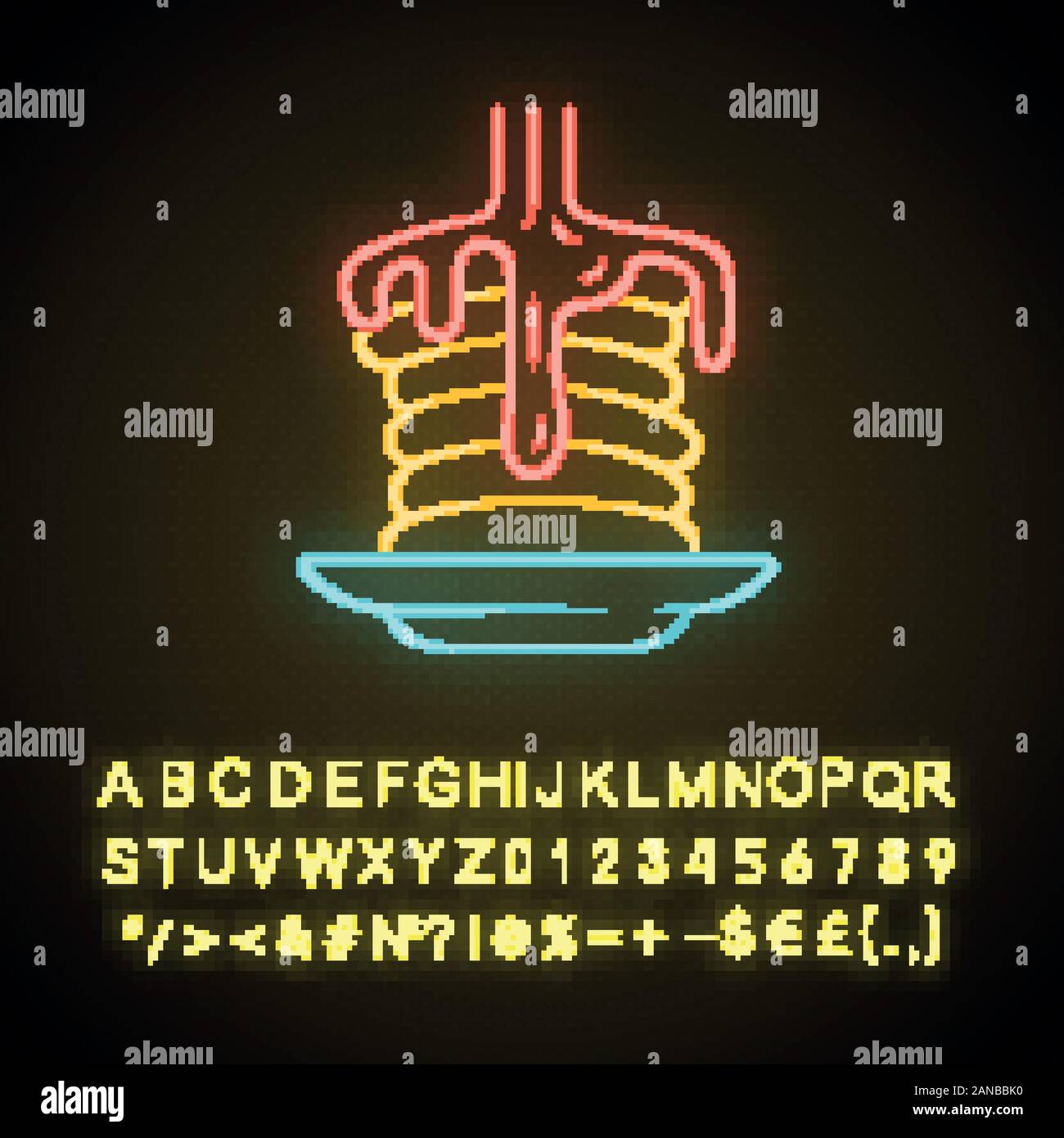 Pancakes with syrup neon light icon. American breakfast. Homemade ...