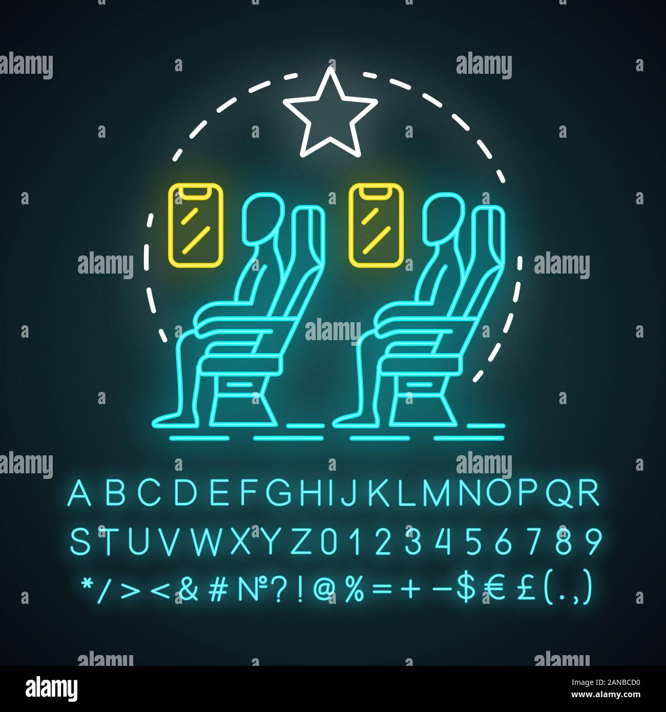 Economy class neon light icon. Airplane cabin. Passengers sitting at ...