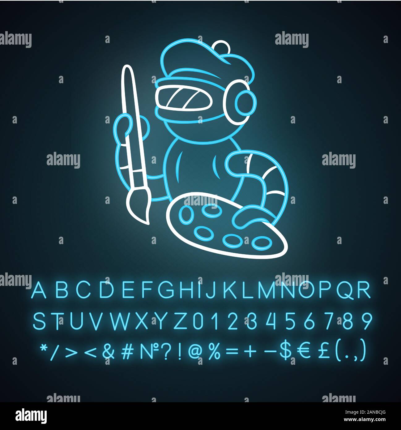 Art bot neon light icon. Robot, cyborg with brush and palette. Virtual ...