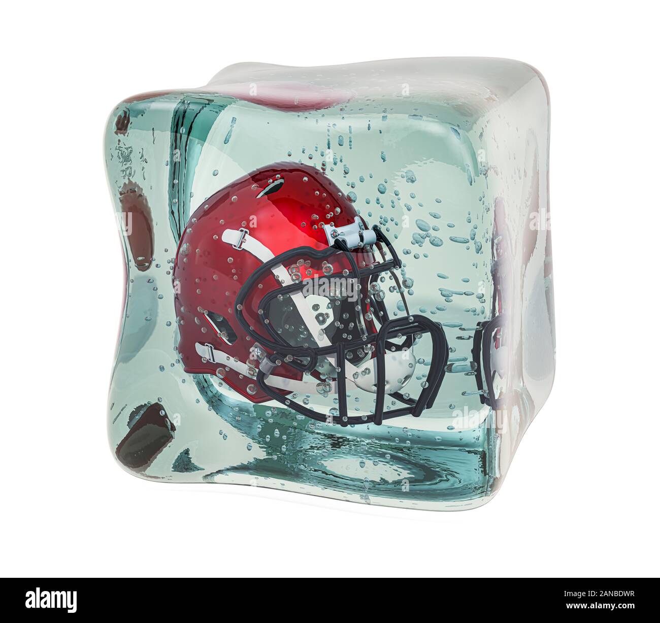 American football helmet frozen in ice cube, 3D rendering isolated on ...