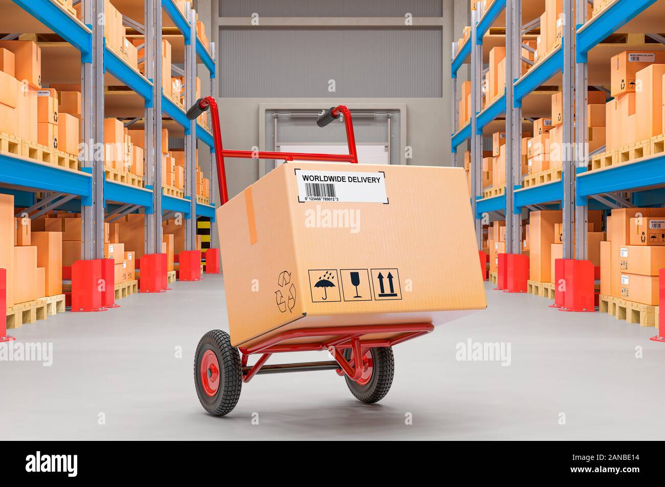 Hand truck with cardboard box in warehouse. Delivery concept, 3D ...