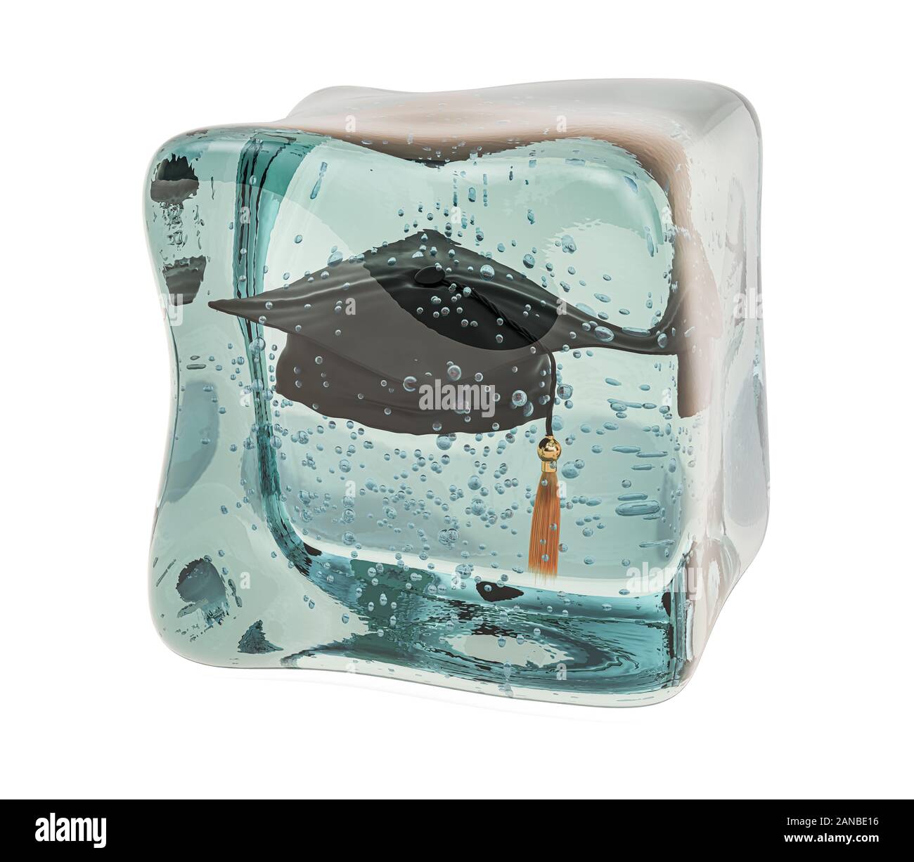 Graduation hat frozen in ice cube, 3D rendering isolated on white ...