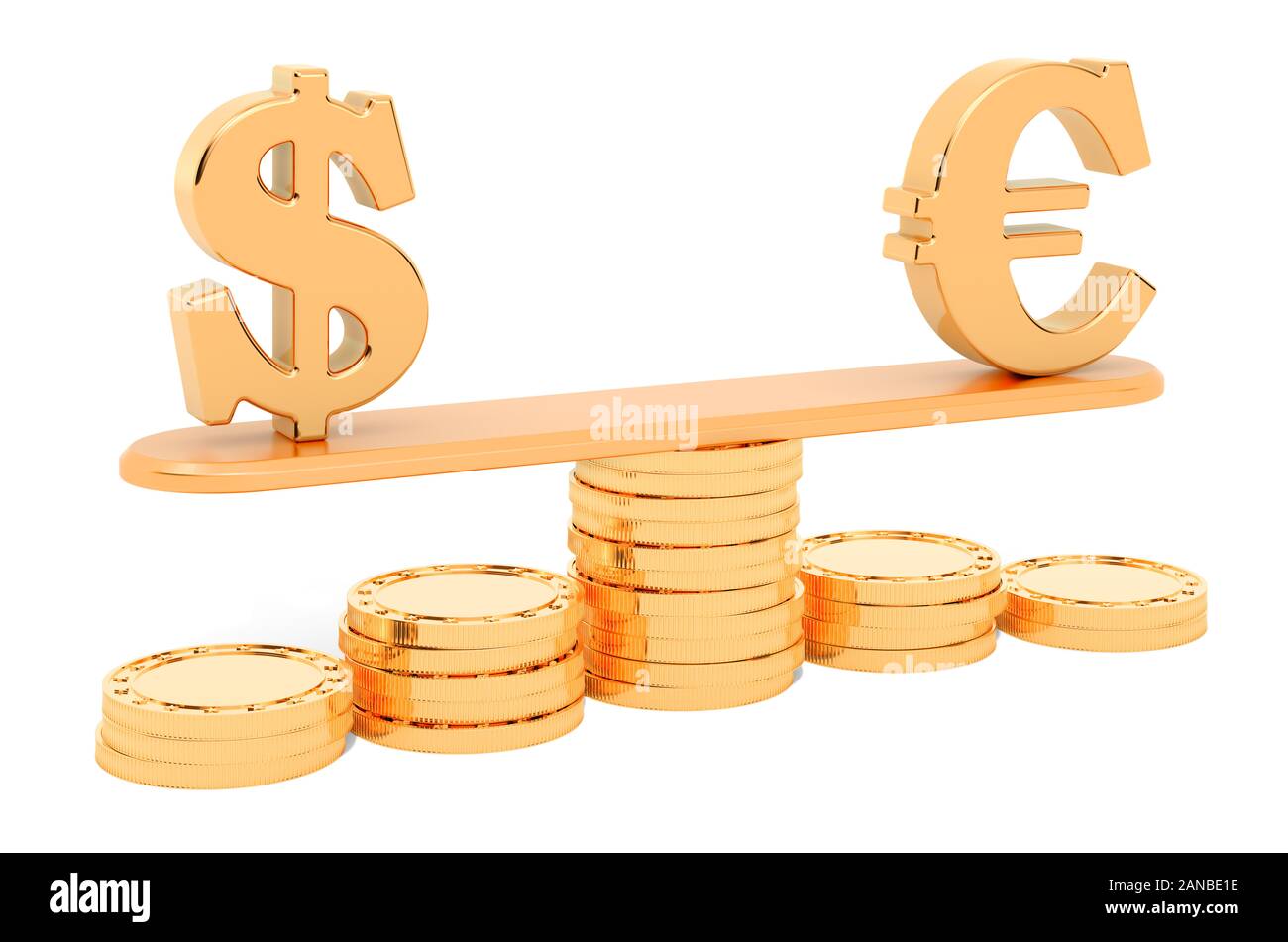 Dollar or Euro, balance. Swing from coins. 3D rendering isolated on ...