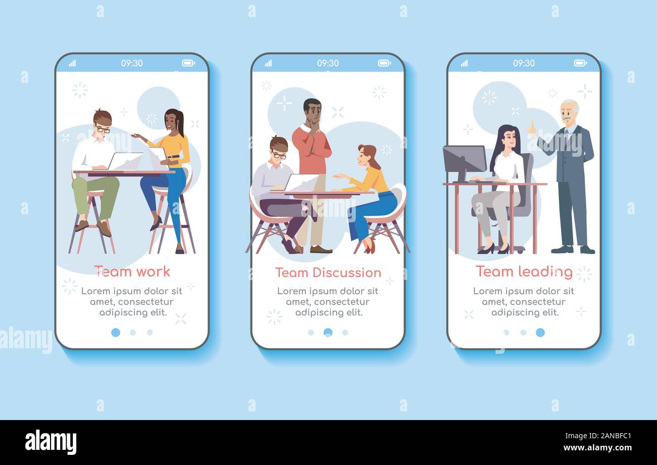 Teamwork management onboarding mobile app screen vector template. Team ...