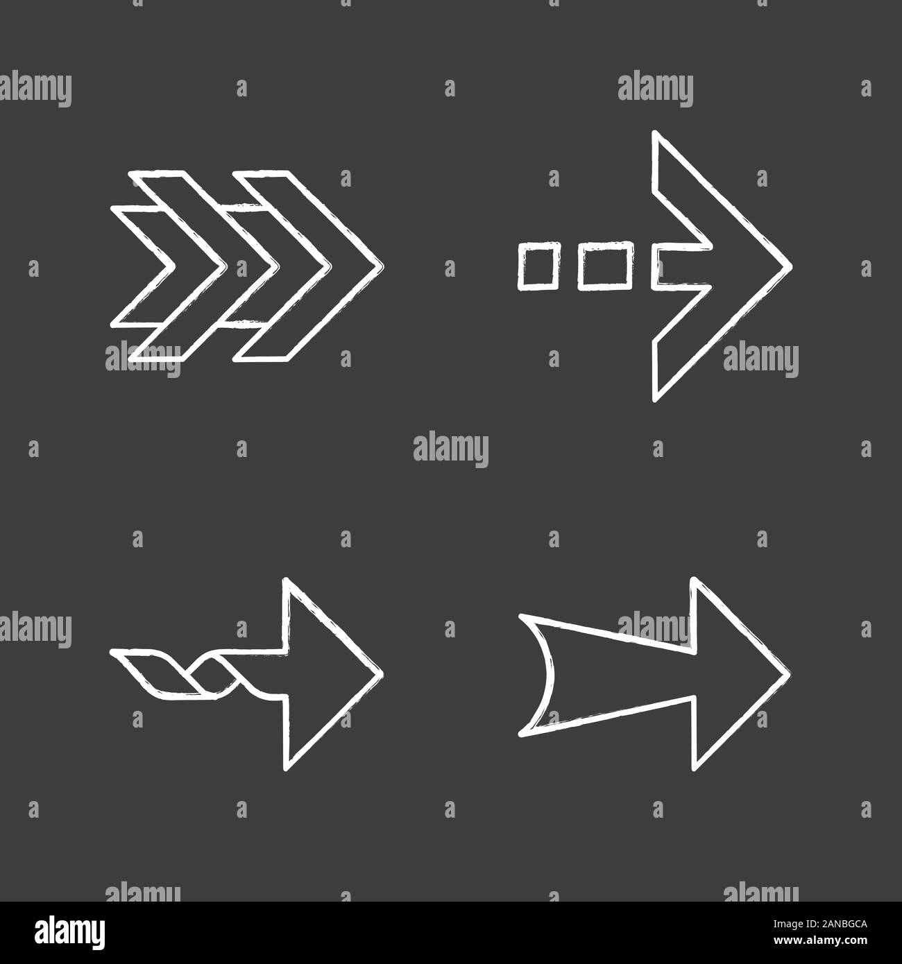 Arrows chalk icons set. Double, dotted, twisted, wide next arrows. Arrowhead showing right ...