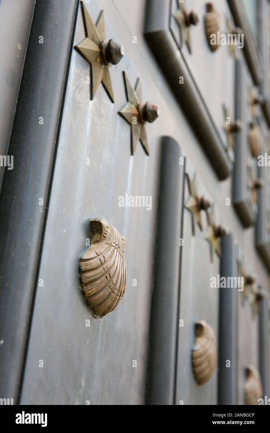 Scallop shells adorn a door at the cathedral in Santiago de Compostela ...