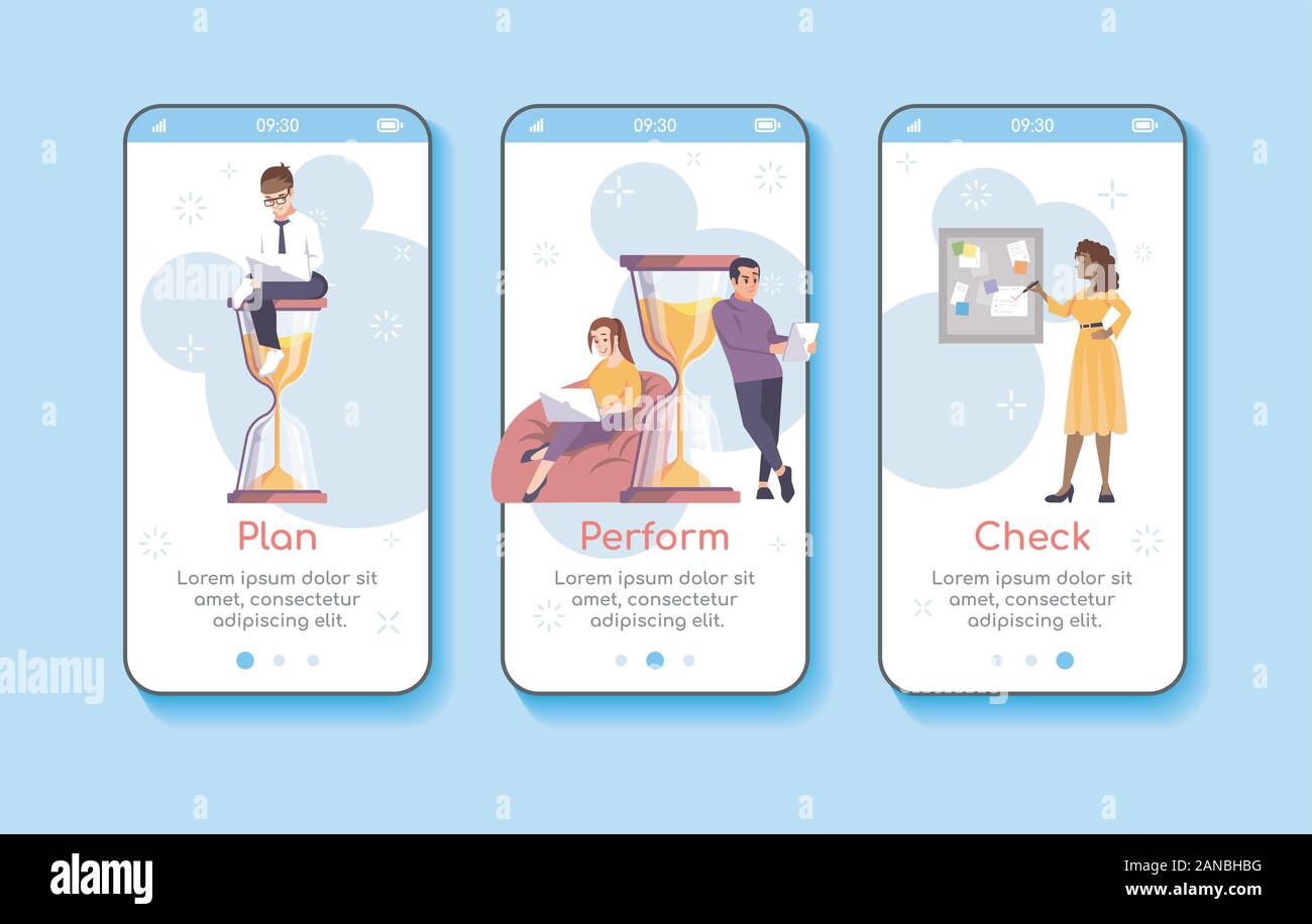 Time management onboarding mobile app screen vector template. Working ...