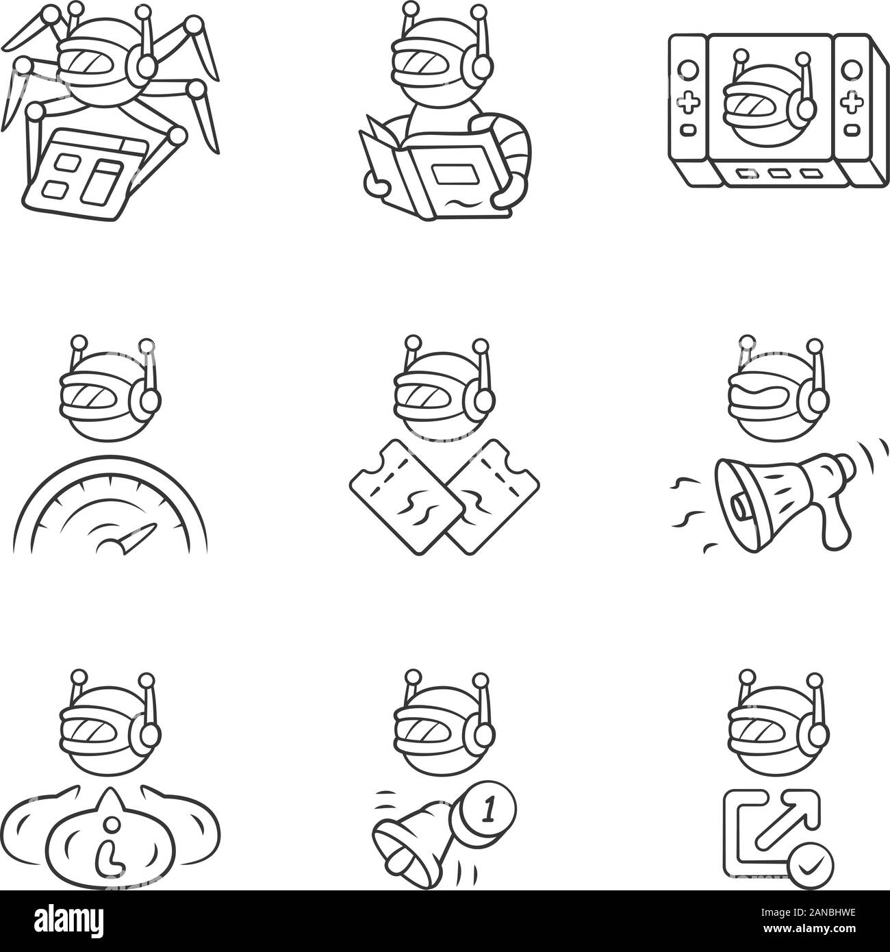 Web robots linear icons set. Crawler, text-reading, propaganda, proactive, optimizer bots ...