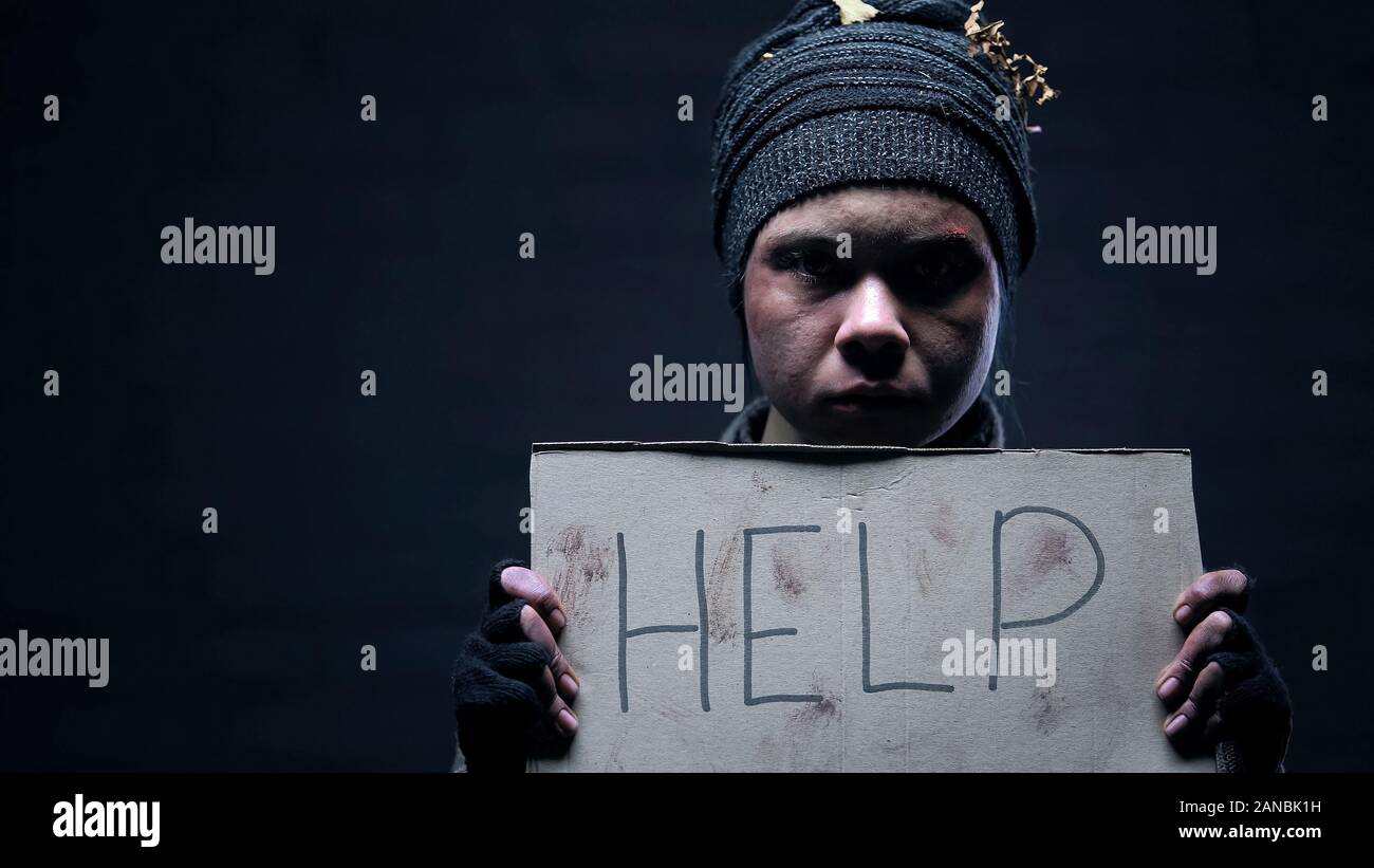 Help sign in homeless person hands, alcohol abuse, poverty problem ...