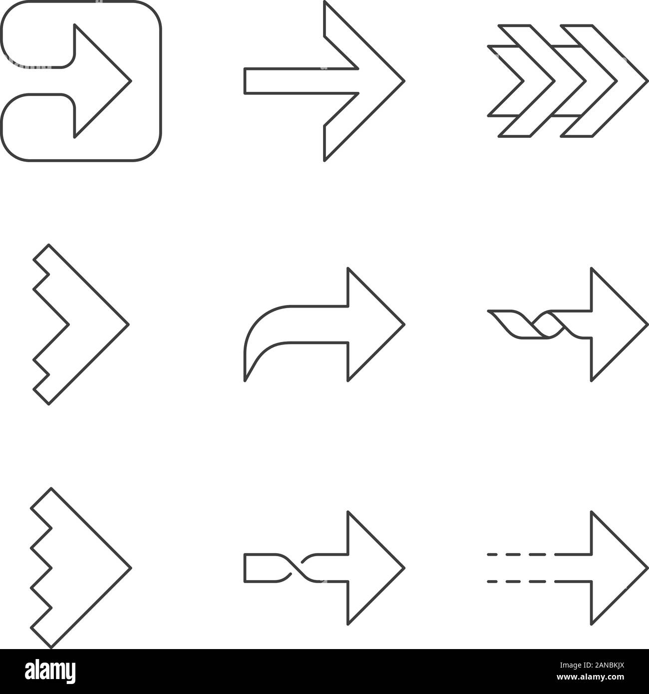 Right arrows linear icons set. Curved, dotted, twisted next, forward arrows. Pointer. Arrowhead ...