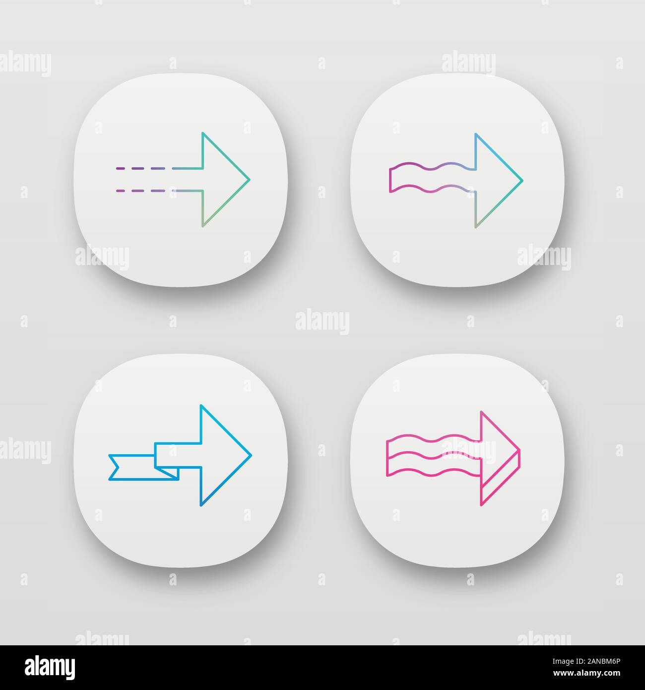 Forward arrows app icons set. Dotted, wavy, folding, next, forward arrows. Rightward direction ...