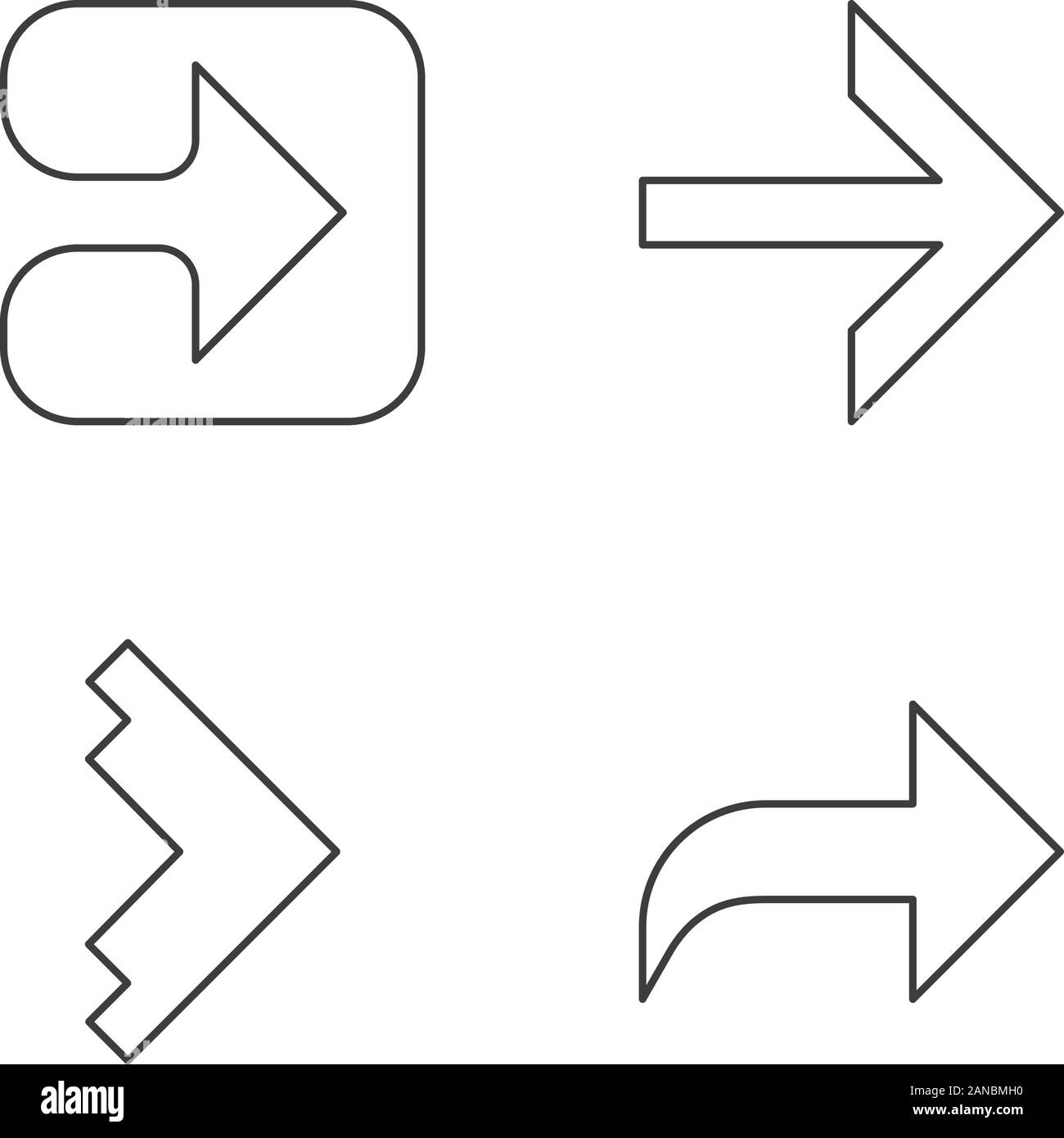 Arrow types linear icons set. Forward, right, curved and geometric arrows. Arrowhead indicating ...