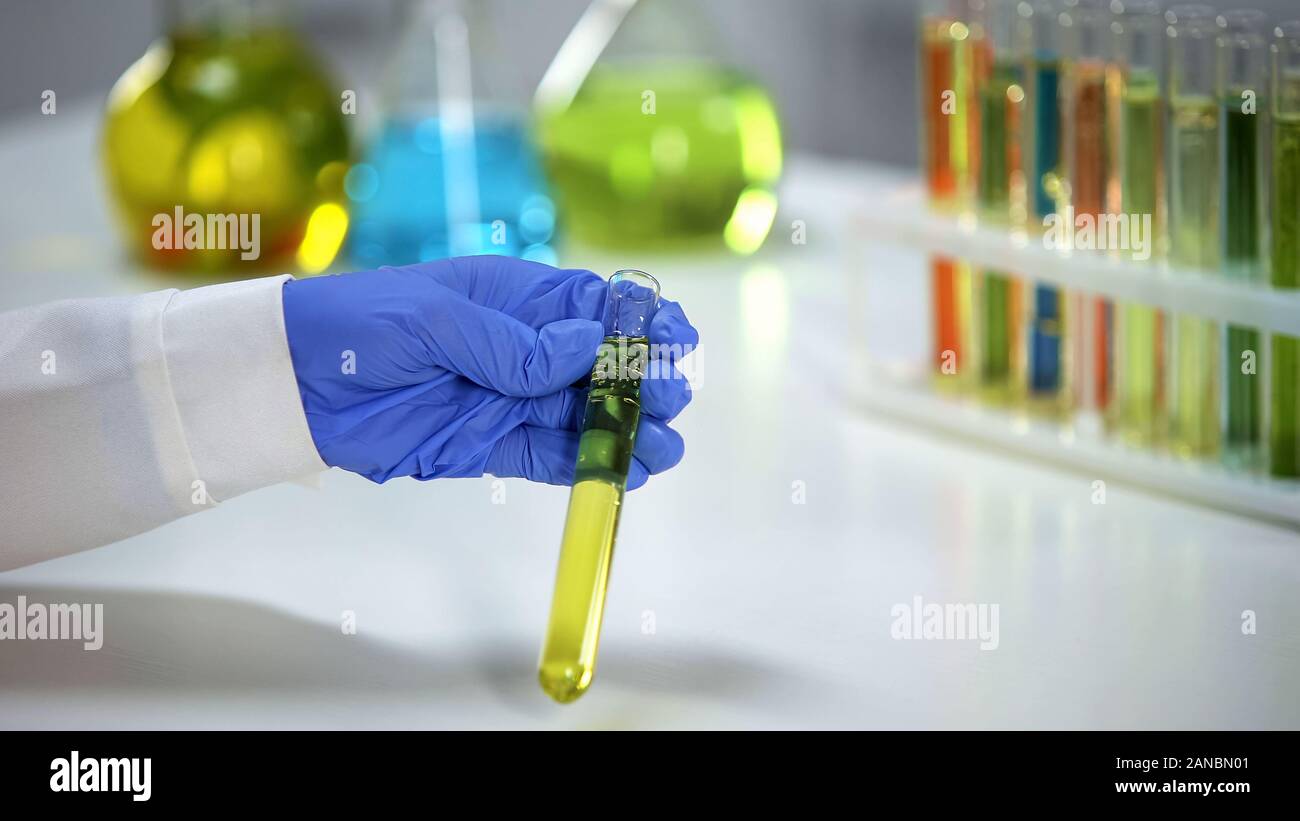 Lab assistant holding tube with yellow transparent liquid, extract for ...