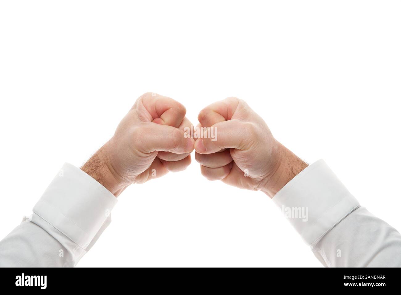 Man hands, knuckle gesture, isolated on white background. White shirt ...