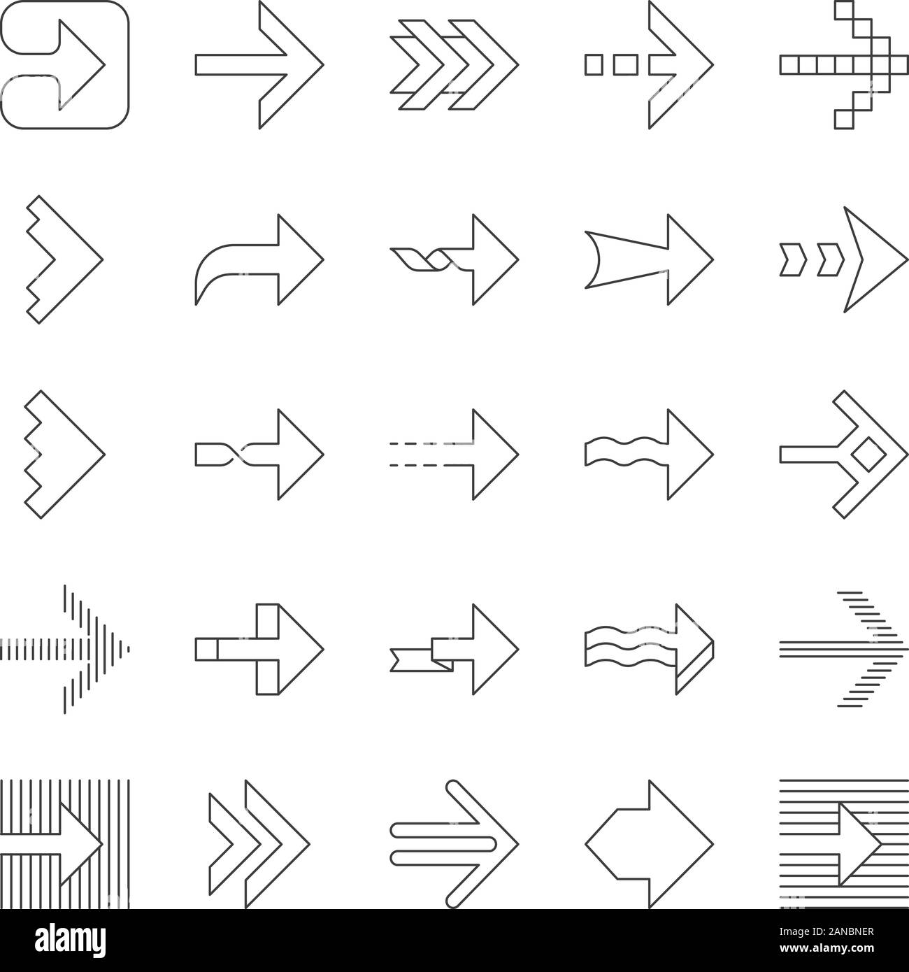 Arrow types linear icons set. Wavy, notched, striped double, arrowheads ...