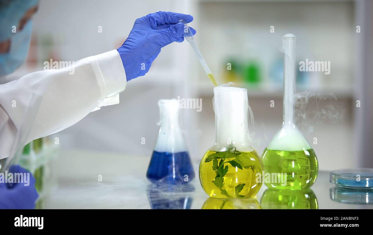 Chemist taking organic liquid sample from flask with plant, dermatology ...
