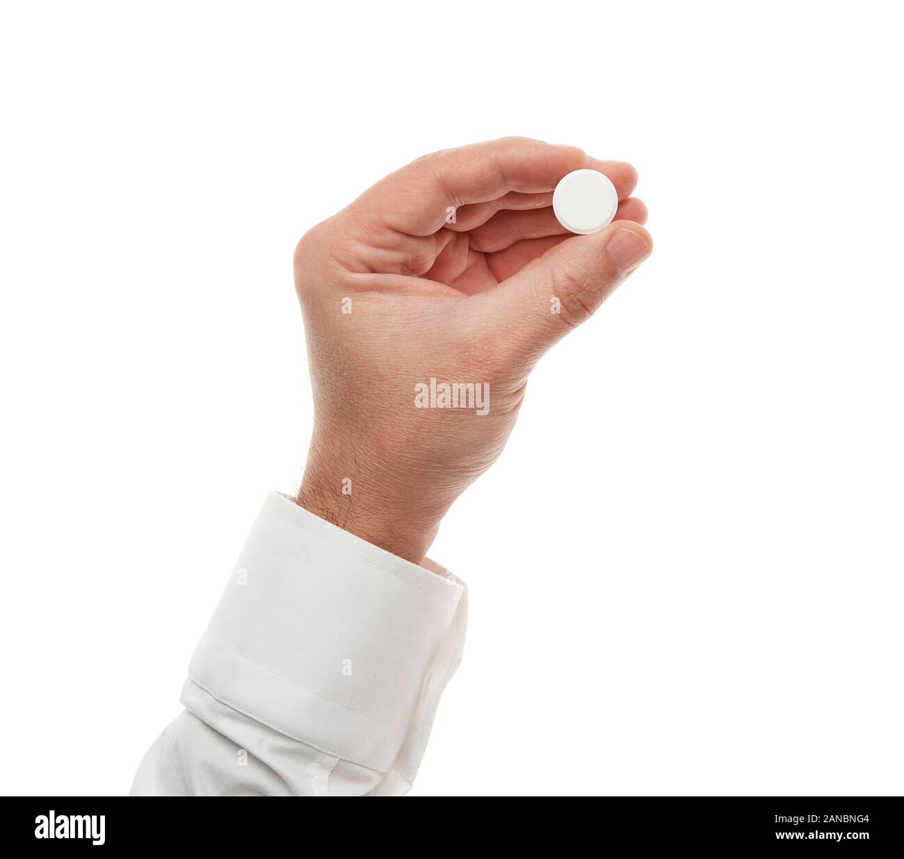 Man hand with one big white pill isolated on white background. White ...