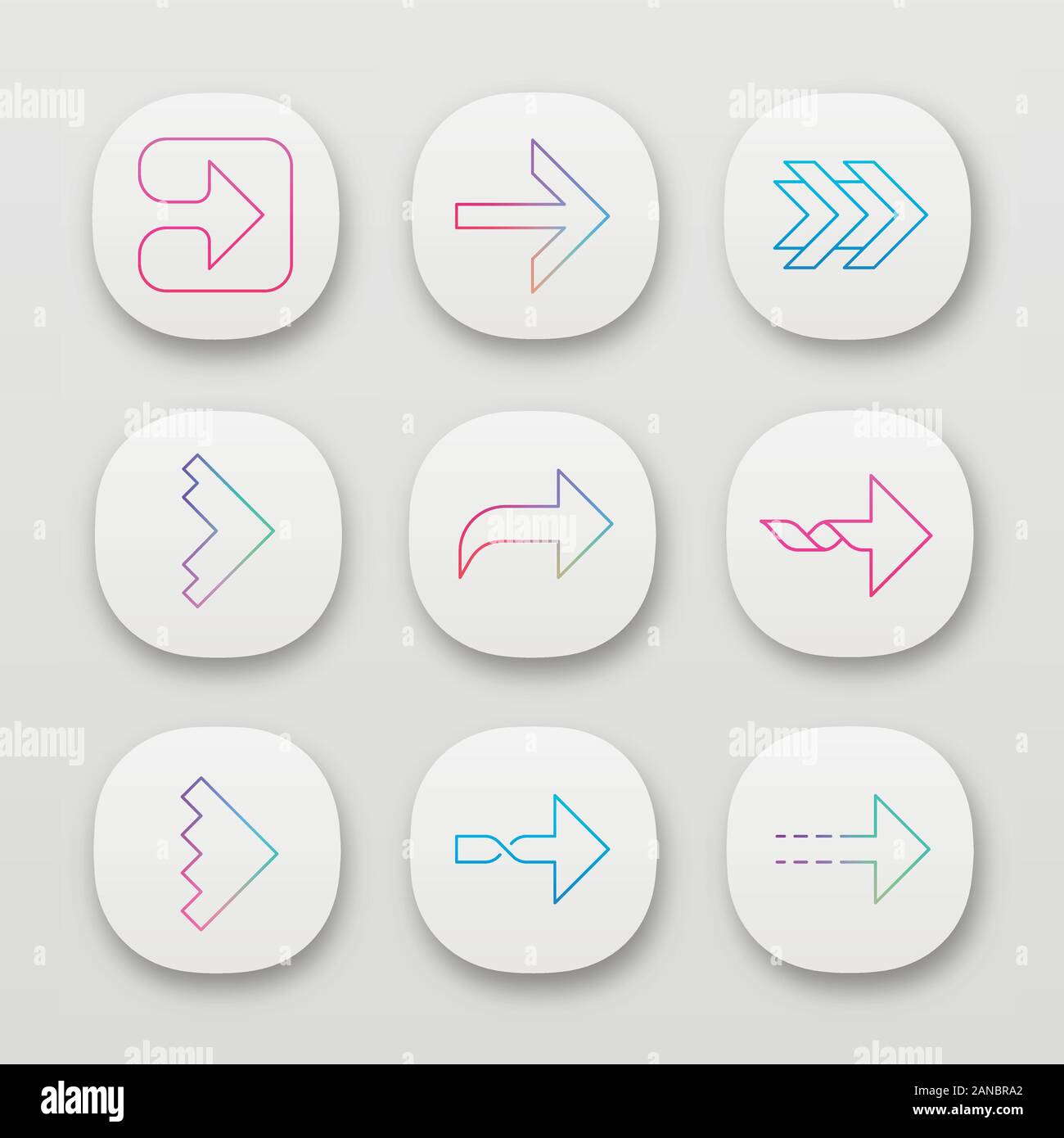 Right arrows app icons set. Forward, curved next, forward arrows ...