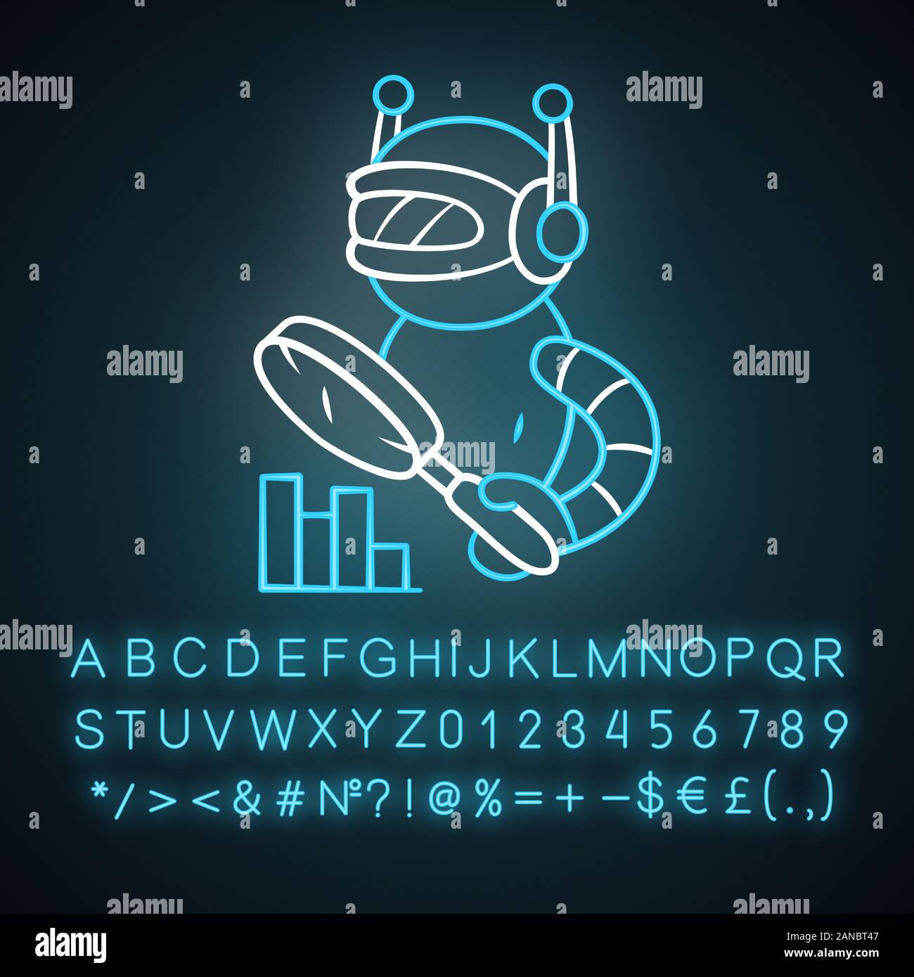 Monitoring bot neon light icon. Machine learning. Artificial intelligence. Internet robot with ...