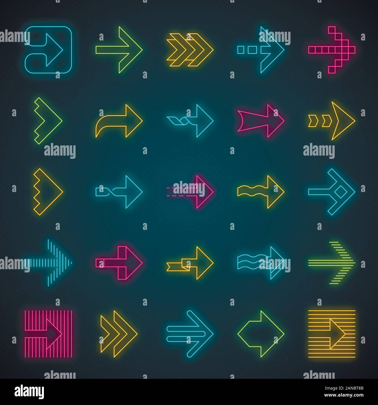 Arrow types neon light icons set. Wavy, notched, striped double ...