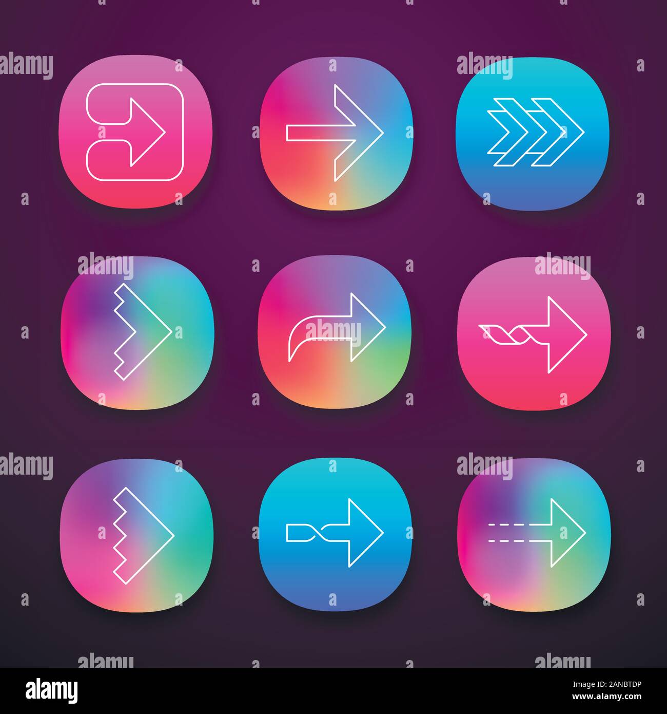 Right arrows app icons set. Forward, curved, dotted, twisted next ...