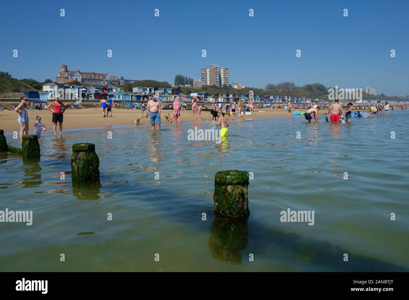 The beach and seaside at Frinton-on-Sea during a hot British summer's ...