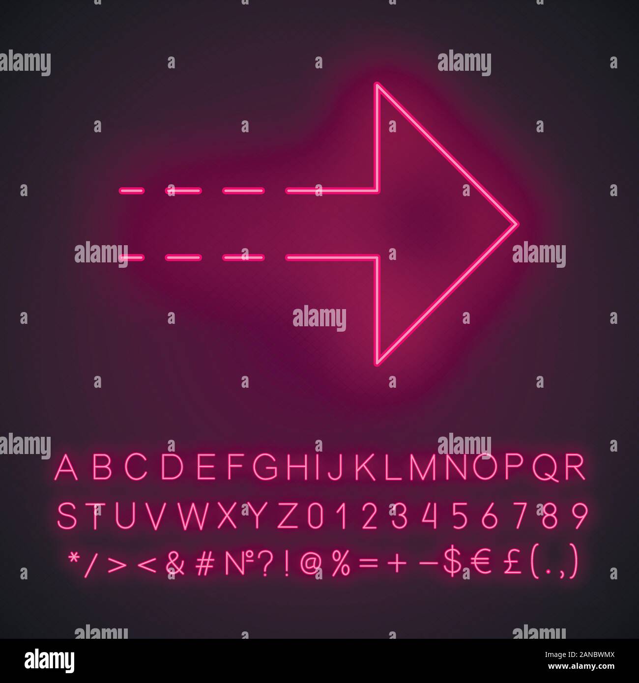 Arrow with dotted line neon light icon. Rightward direction. Arrowhead ...