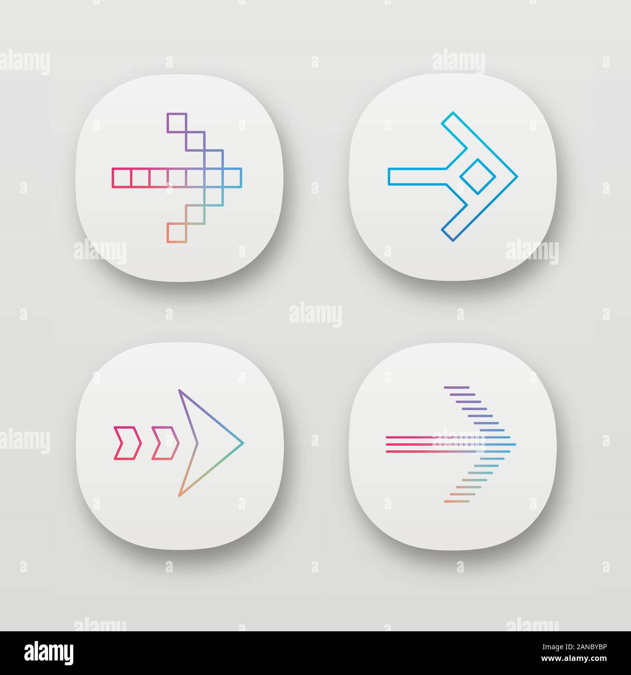 Arrow types app icons set. Pixel, shaped, dashed, striped next, forward ...