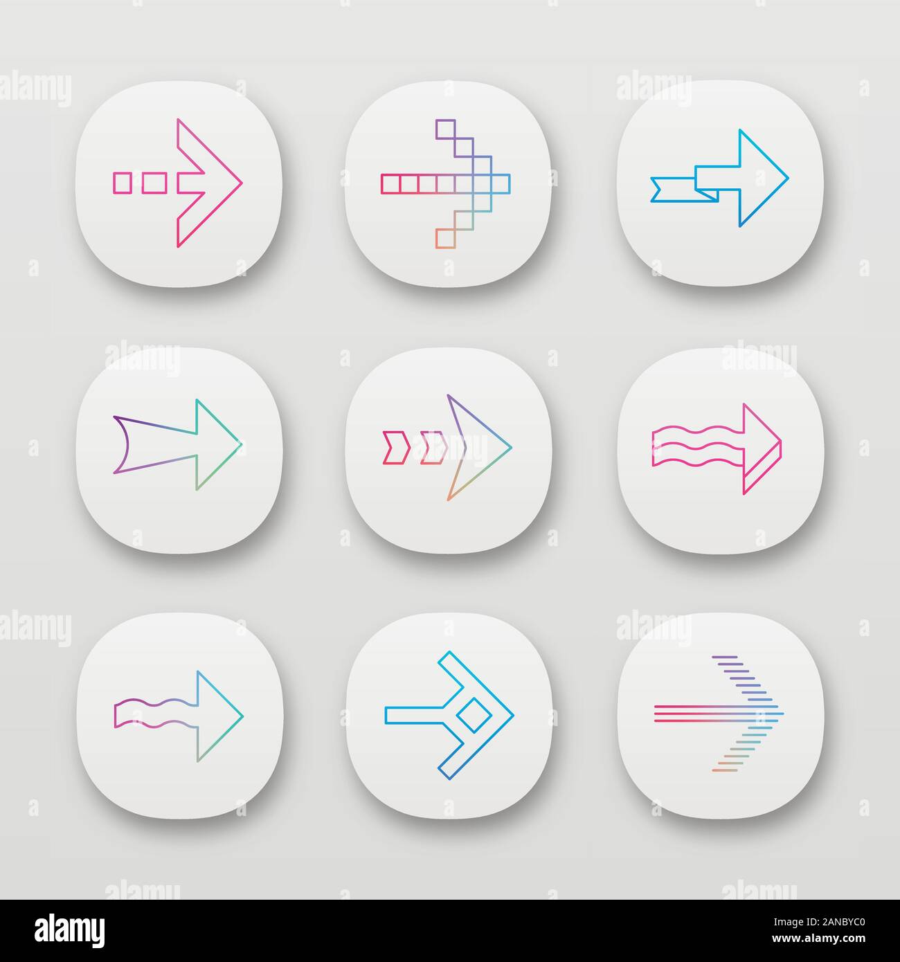 Arrows app icons set. Wavy, pixel, folding, striped, dashed next arrows ...