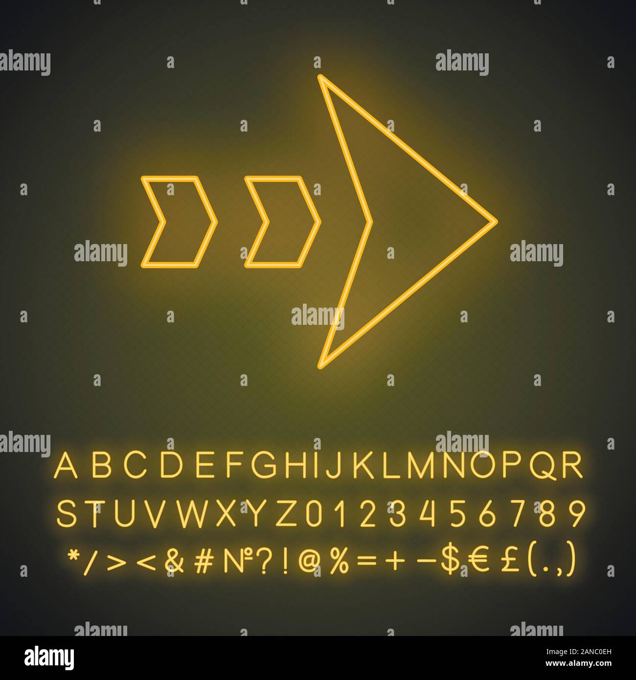 Dashed arrow neon light icon. Arrowhead showing right shift and direction. Rightward arrow ...