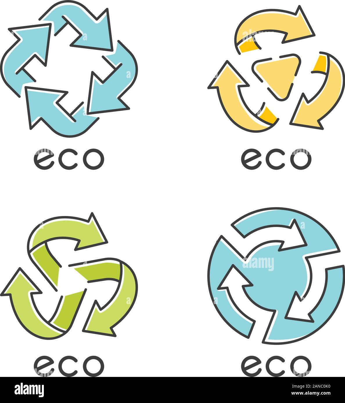 Eco labels blue color icons set. Arrows signs. Recycle symbols ...